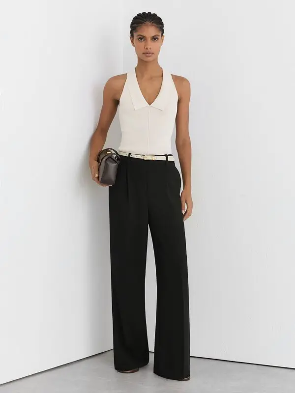 REISS Petite Elasticated-waist Wide-leg Twill Trousers - Black