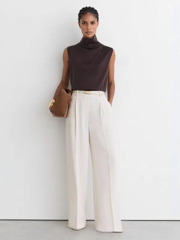 REISS Petite Elasticated-waist Wide-leg Twill Trousers - Cream