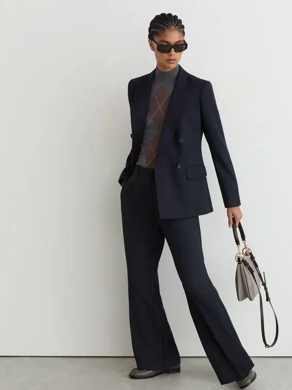 REISS Petite Elasticated-waist Wide-leg Twill Trousers - Navy