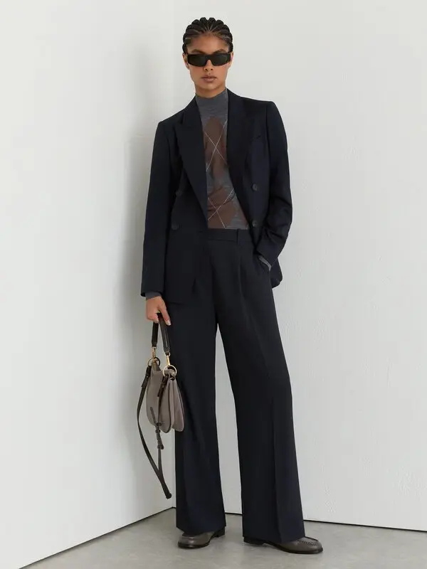 REISS Petite Elasticated-waist Wide-leg Twill Trousers - Navy/camel