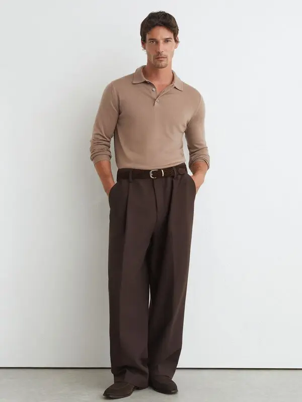 REISS Merino Wool Long-sleeve Polo Shirt - Camel Brown