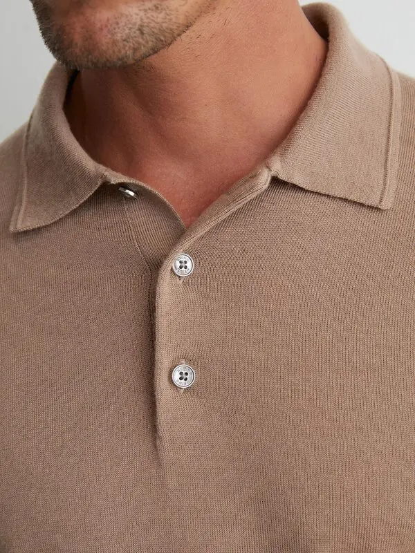 REISS Merino Wool Long-sleeve Polo Shirt - Camel Brown