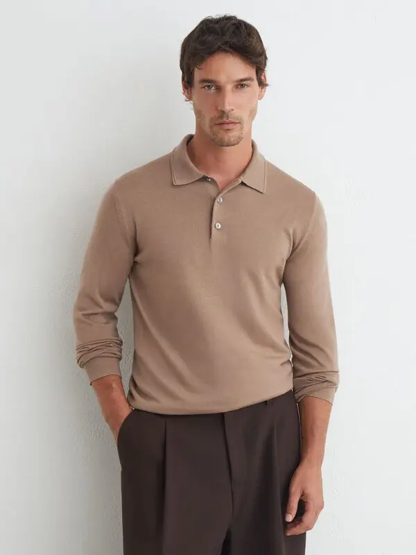 REISS Merino Wool Long-sleeve Polo Shirt - Camel Brown