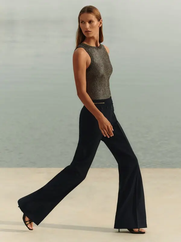 REISS Petite Sidney Button-detail Wide-leg Trousers - Navy