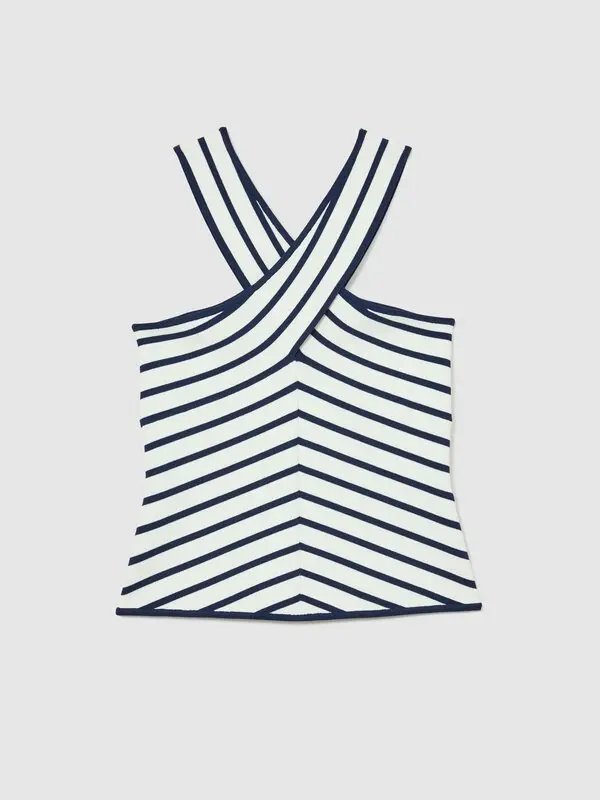 REISS White & Navy Striped Cross-strap Knitted Vest