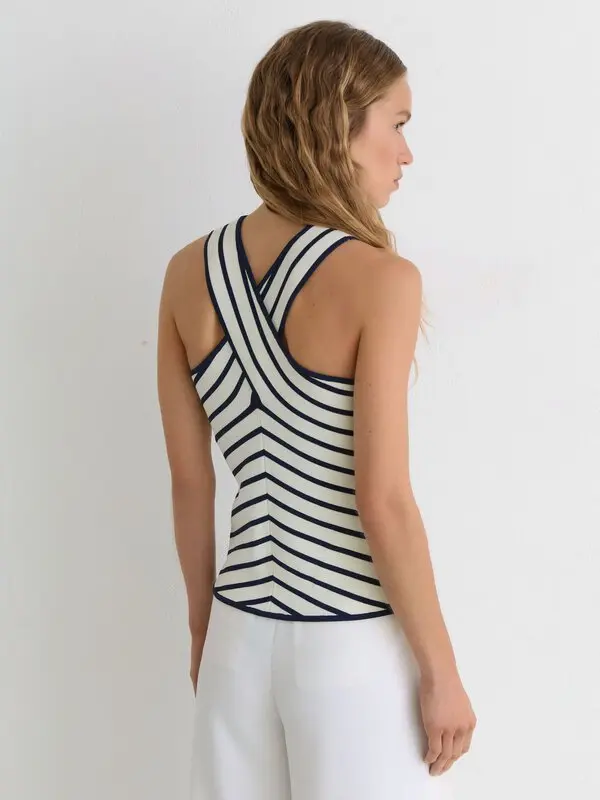 REISS White & Navy Striped Cross-strap Knitted Vest