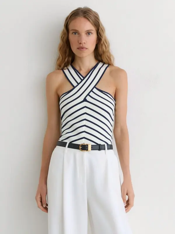 REISS White & Navy Striped Cross-strap Knitted Vest