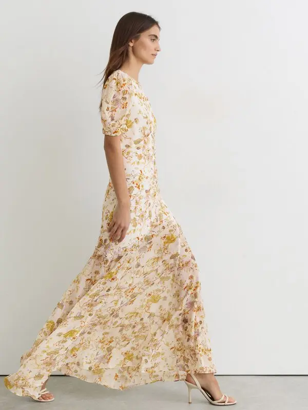 REISS Naia Floral-print Metallic-thread Maxi Dress - Cream