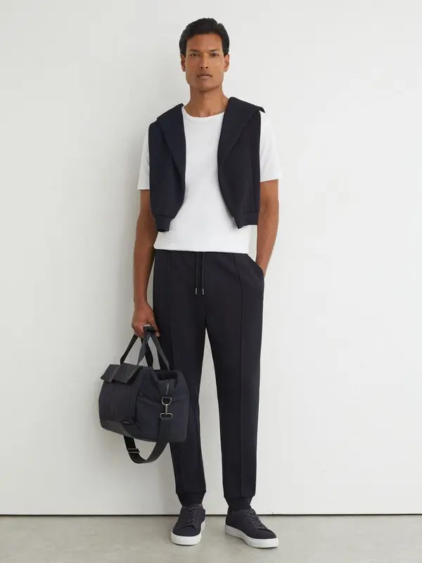 REISS Sueded Interlock Jersey Cuffed Joggers - Navy
