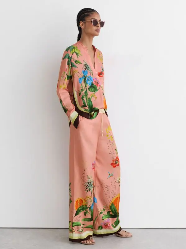 REISS Tropical Print Wide-leg Trousers - Pink