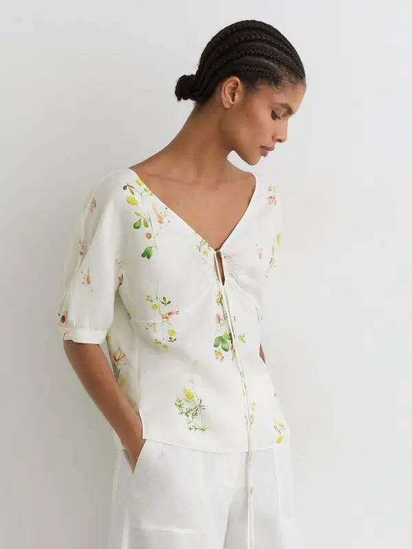 REISS Linen-blend Floral-print Top