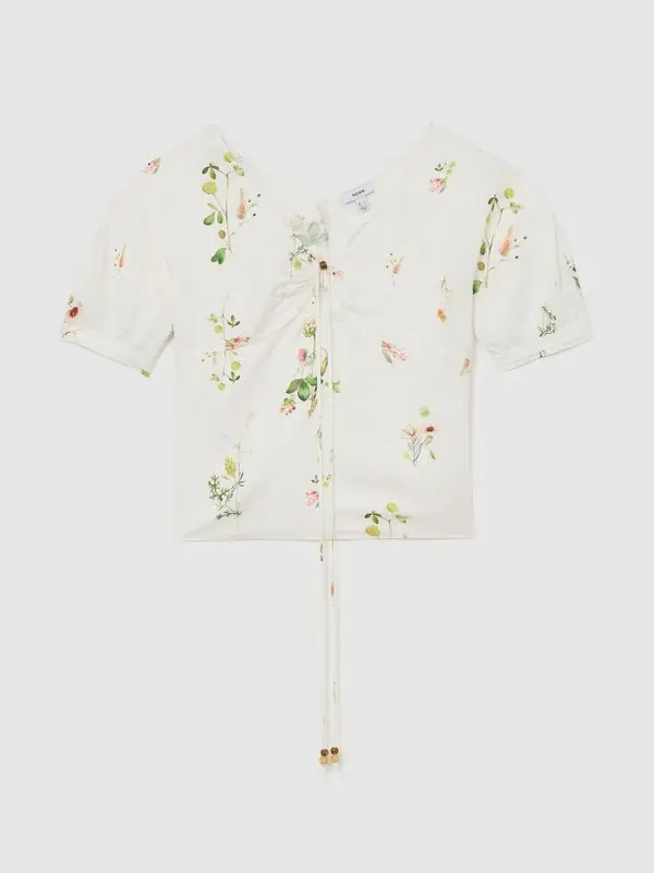 REISS Linen-blend Floral-print Top