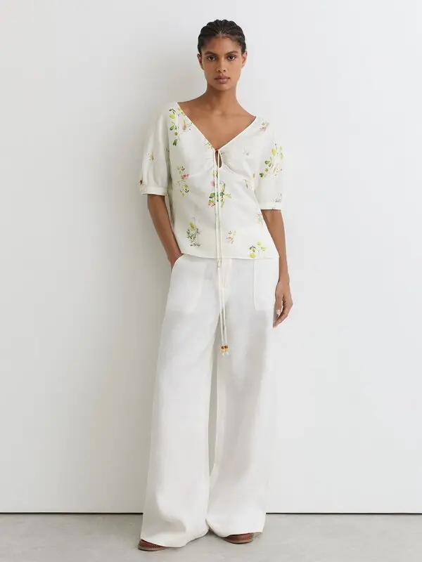 REISS Linen-blend Floral-print Top