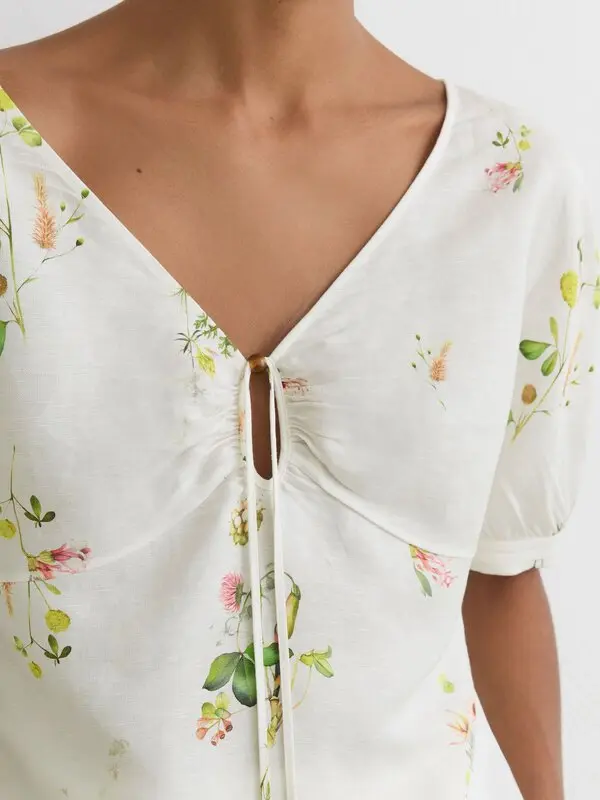 REISS Linen-blend Floral-print Top