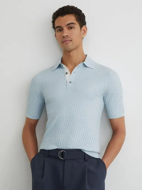 REISS Textured-knit Half-button Polo Shirt - Soft Blue