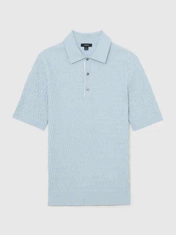 REISS Textured-knit Half-button Polo Shirt - Soft Blue