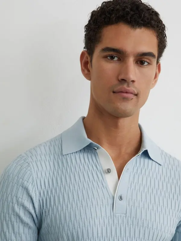 REISS Textured-knit Half-button Polo Shirt - Soft Blue