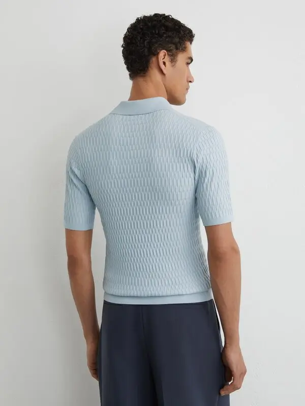 REISS Textured-knit Half-button Polo Shirt - Soft Blue