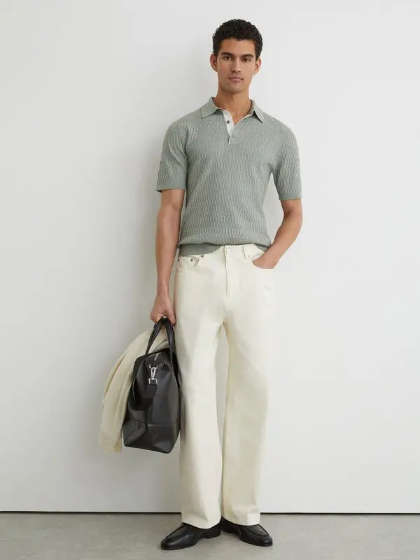 REISS Textured-knit Half-button Polo Shirt - Soft Sage