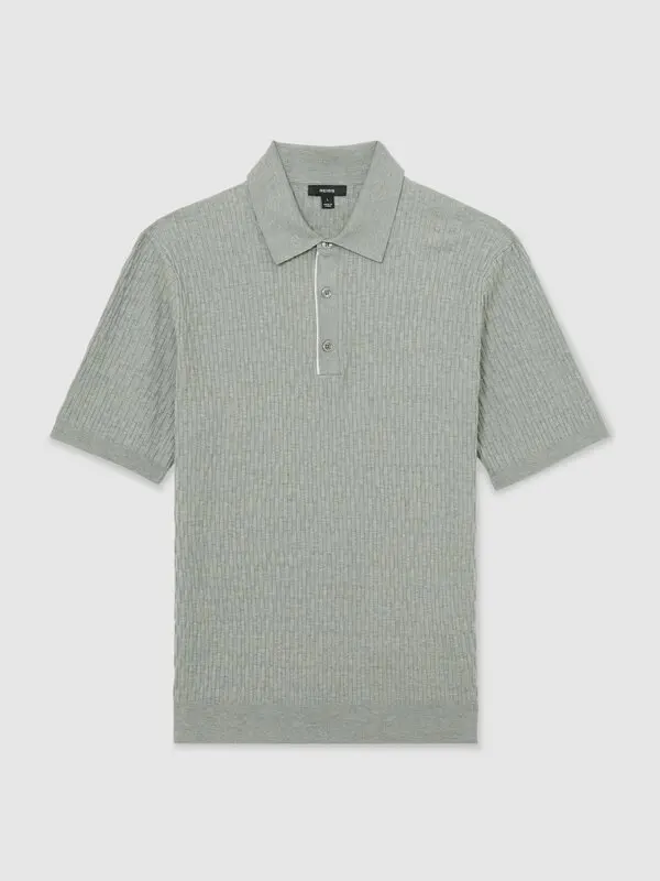 REISS Textured-knit Half-button Polo Shirt - Soft Sage