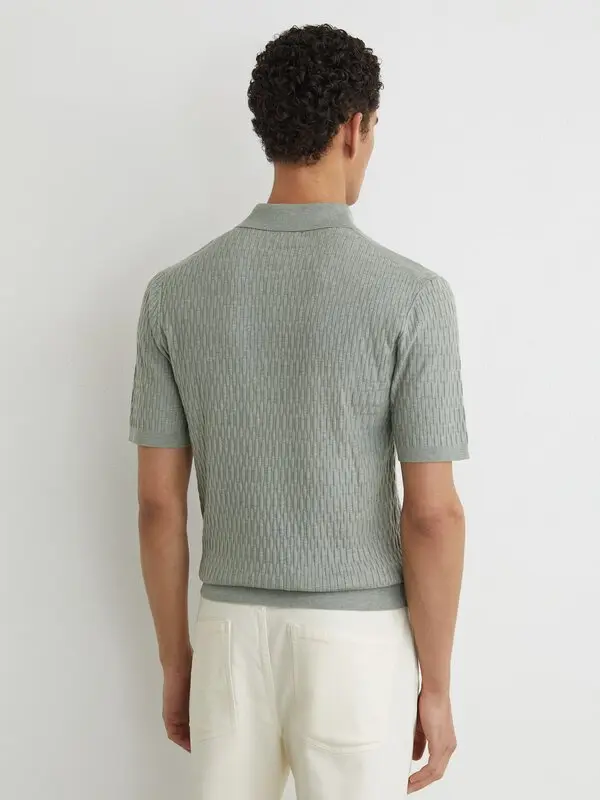REISS Textured-knit Half-button Polo Shirt - Soft Sage