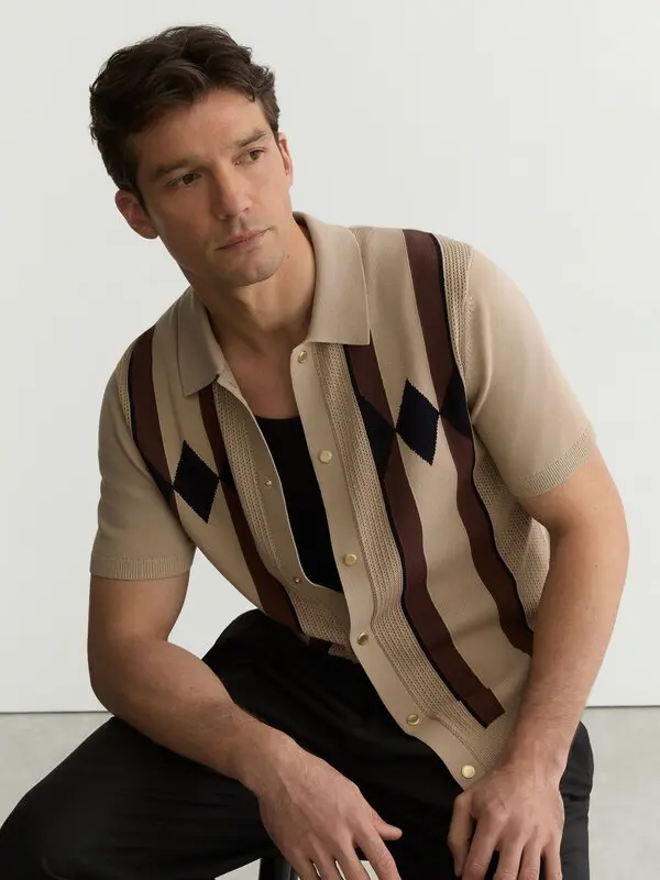 REISS Argyle-knit Press-stud Polo Shirt