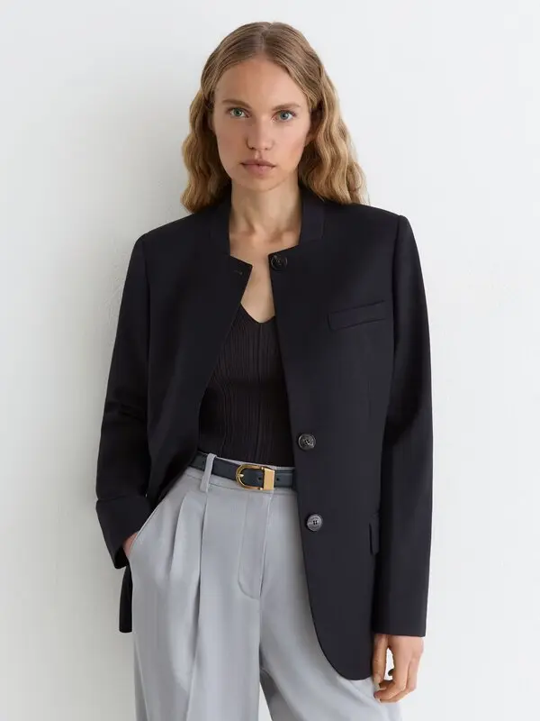 REISS Wool-blend Collarless Blazer - Navy