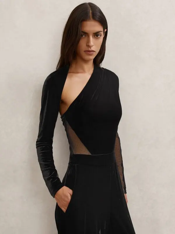 REISS Velvet Sheer-panel Wide-leg Jumpsuit