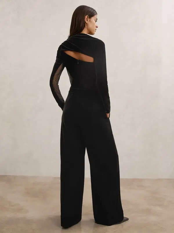 REISS Velvet Sheer-panel Wide-leg Jumpsuit