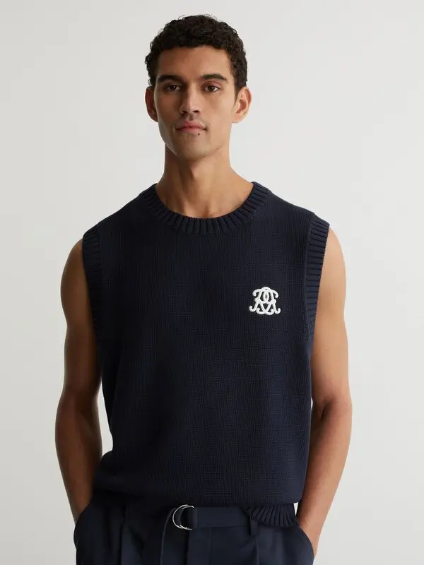 REISS Monogram Embroidered Relaxed Knit Vest
