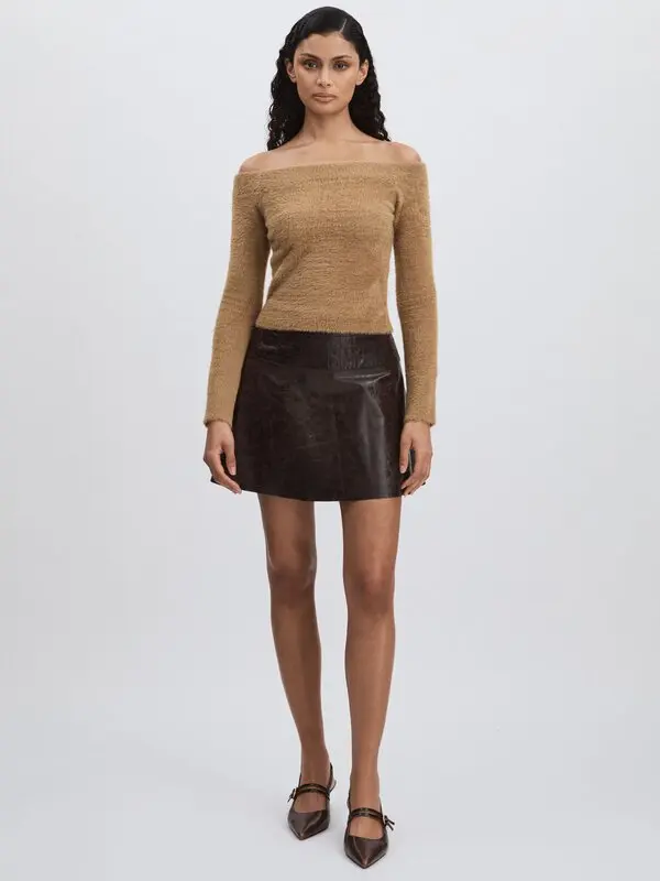 Good American Off-shoulder Plush Knit Top - Brown