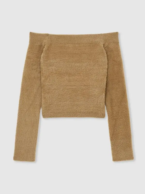 Good American Off-shoulder Plush Knit Top - Brown
