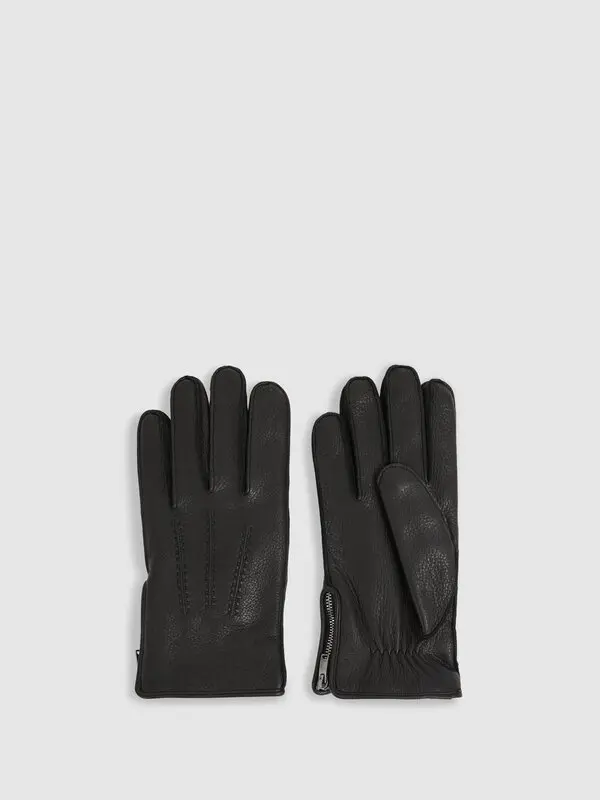 REISS Leather Zip-side Gloves - Black