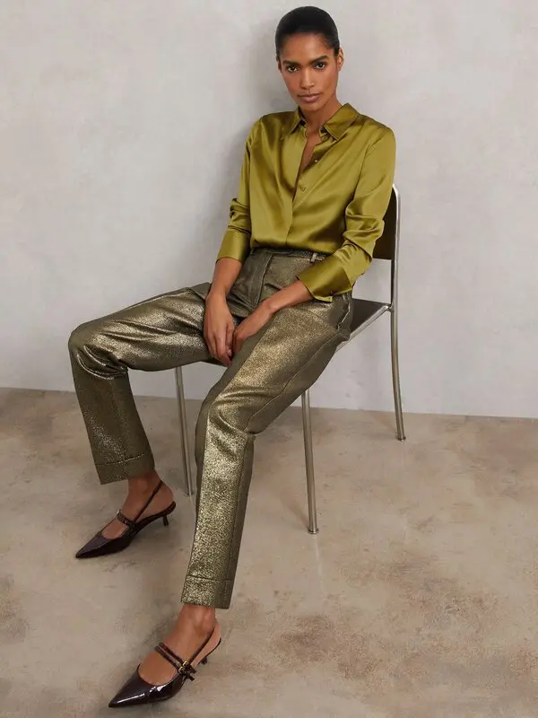 REISS Tapered Metallic Suit Trousers With Cotton - Gold