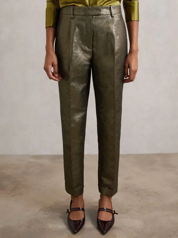 REISS Tapered Metallic Suit Trousers With Cotton - Gold