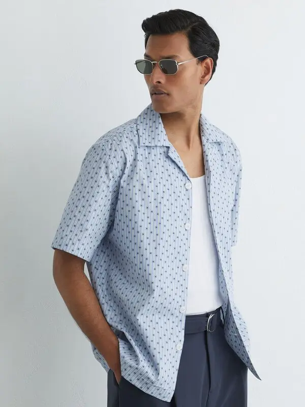 REISS Cotton Medallion-print Cuban-collar Shirt