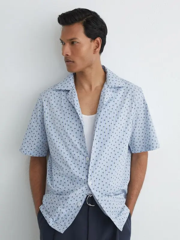 REISS Cotton Medallion-print Cuban-collar Shirt