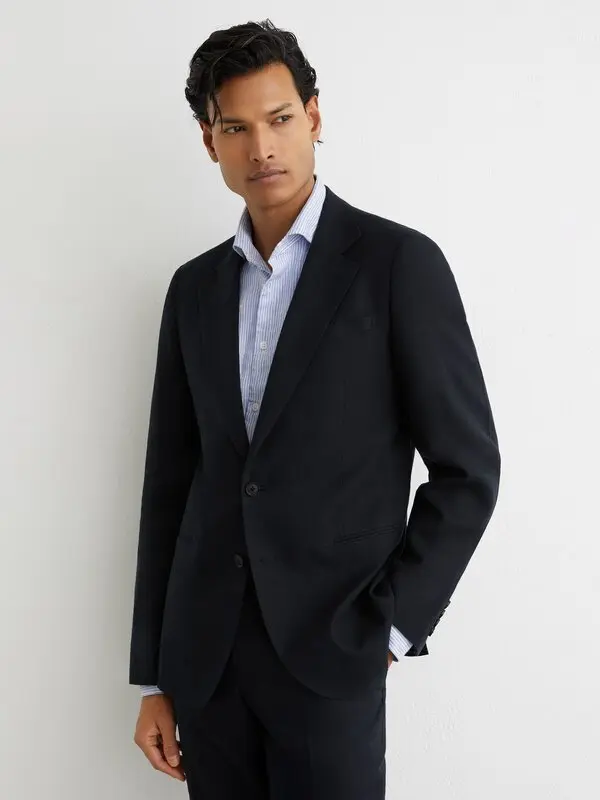 REISS Tailored Fit Single-breasted Linen Blazer - Navy