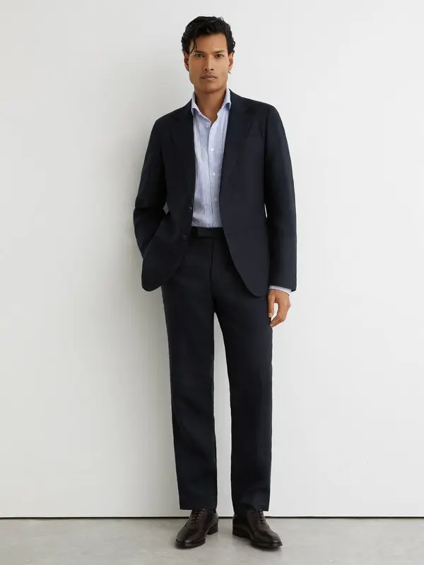 REISS Tailored Fit Single Breasted Linen Blazer - Navy