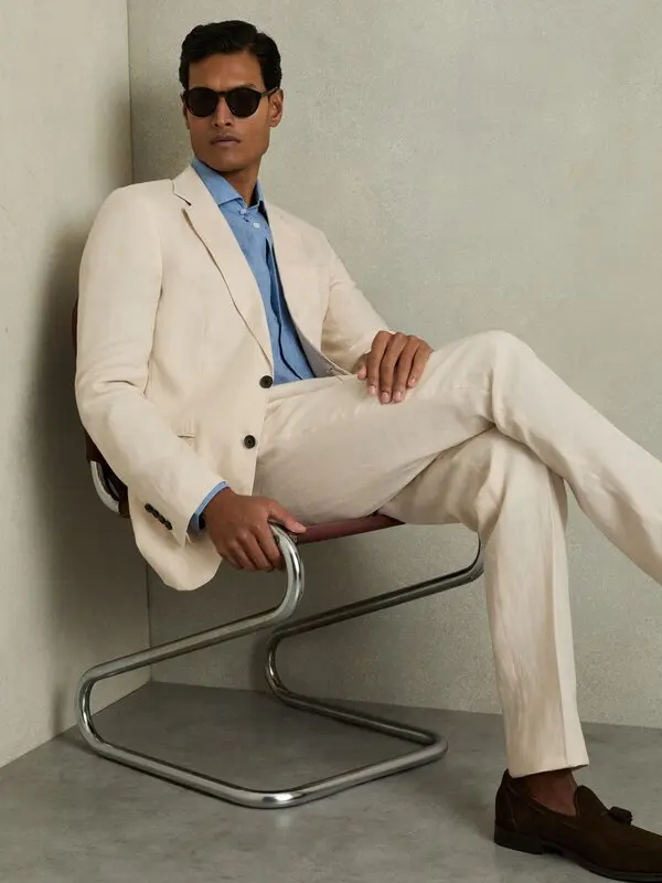 REISS Tailored Fit Single-breasted Linen Blazer - Stone
