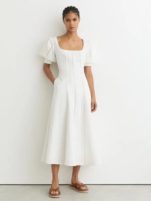REISS Riva Linen Puff-sleeve Embroidered Midi Dress - Ivory