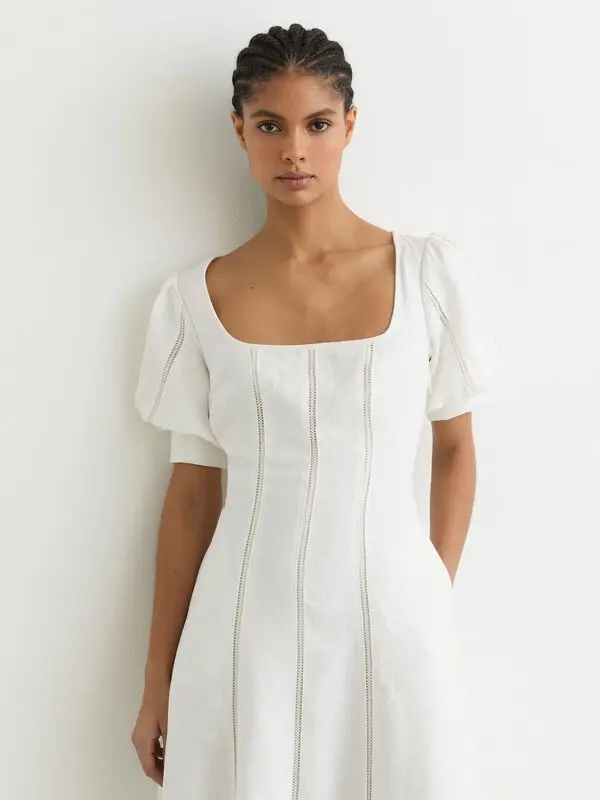 REISS Riva Linen Puff-sleeve Embroidered Midi Dress - Ivory