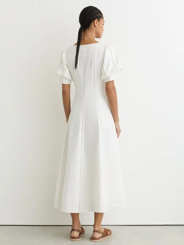 REISS Riva Linen Puff-sleeve Embroidered Midi Dress - Ivory