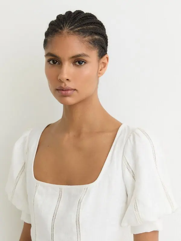 REISS Riva Linen Puff-sleeve Embroidered Midi Dress - Ivory