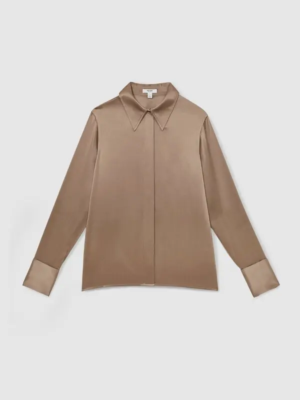REISS Petite Silk-satin Shirt - Taupe Brown