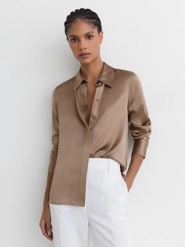 REISS Petite Silk-satin Shirt - Taupe Brown