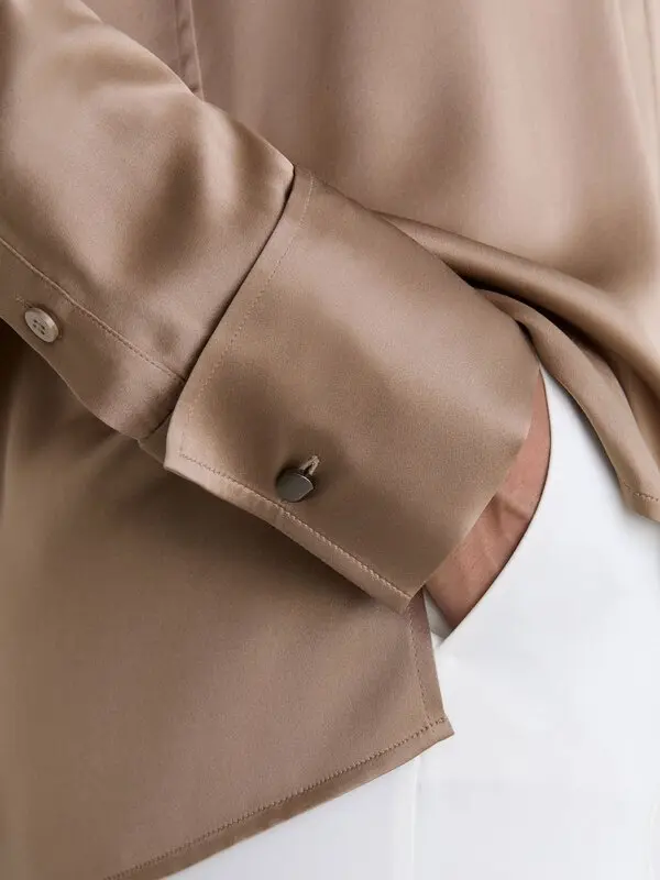 REISS Petite Silk-satin Shirt - Taupe Brown
