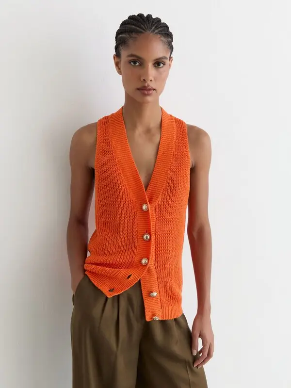 REISS Linen Button-through Knitted Waistcoat
