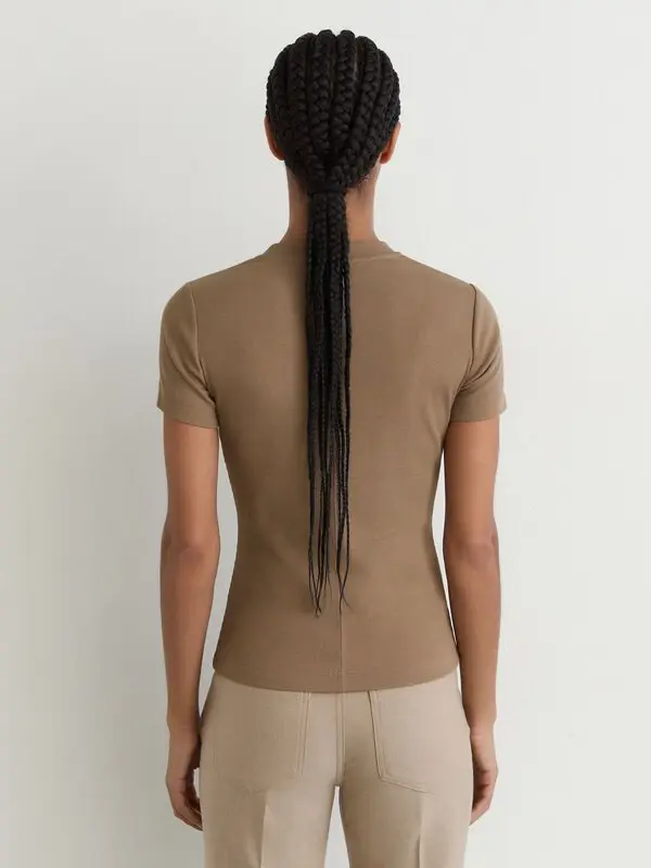 REISS Cotton-stretch High V-neck T-shirt - Camel