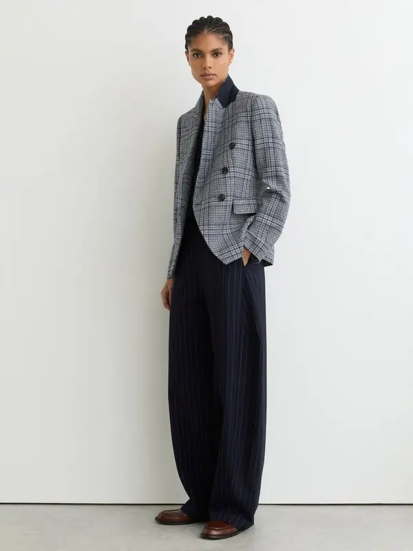 REISS Petite Double-breasted Blazer - Navy Check